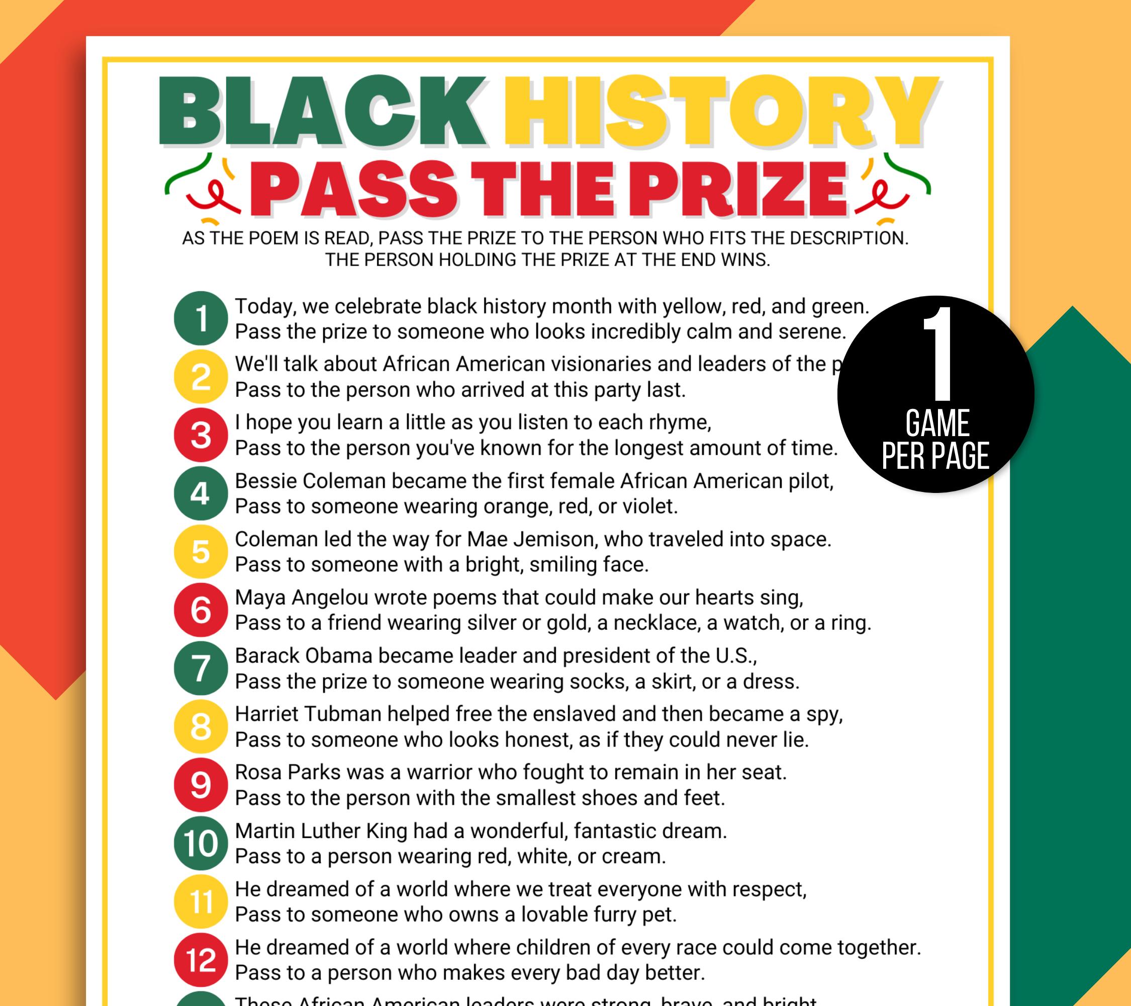 Black History Pass the Prize, Black History Games, Black History Pass ...