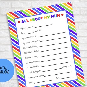 All About My Mom Fill in the Blanks Questionnaire, Mother's Day Craft ...
