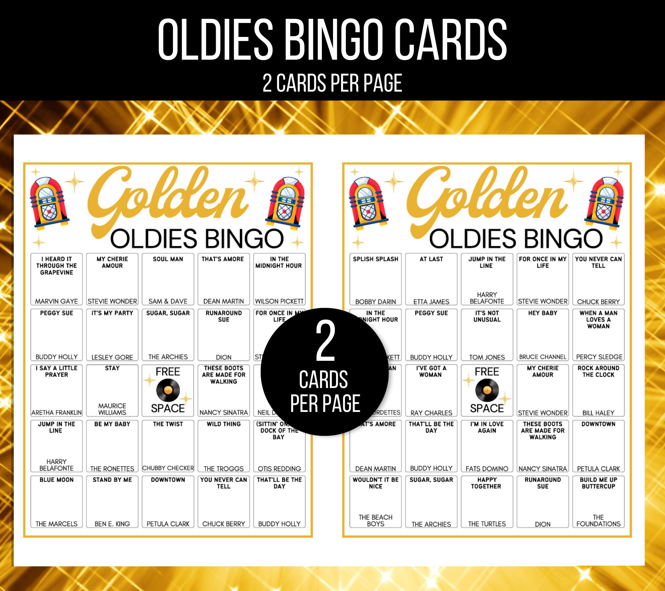 Music Bingo, Golden Oldies Bingo, Oldies Song Bingo, Golden Oldies ...