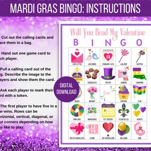 Mardi Gras Bingo, Valentine's Day Bingo, 30 Mardi Gras Valentine's ...