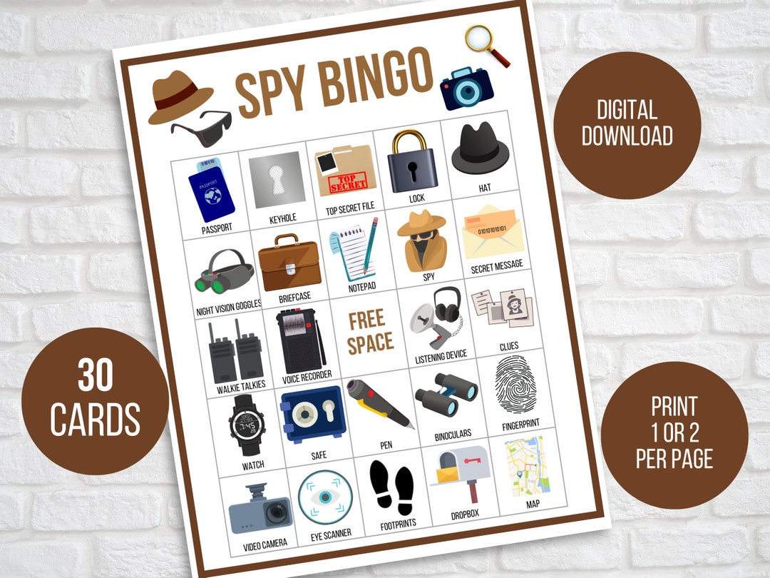 Spy Bingo 30 Printable Spy Bingo Cards Spy Party Game Spy - Etsy