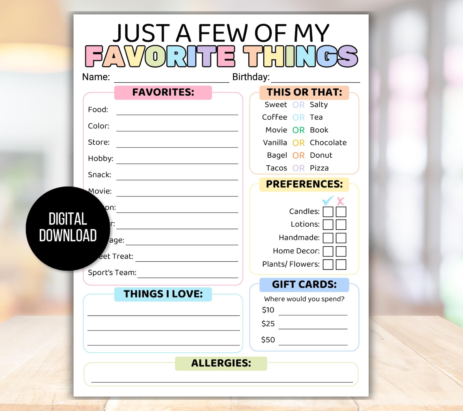 Favorite Things Survey, Favorite Things Form, My Favorite Things Survey ...