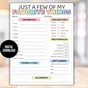 Favorite Things Survey, Favorite Things Form, My Favorite Things Survey ...