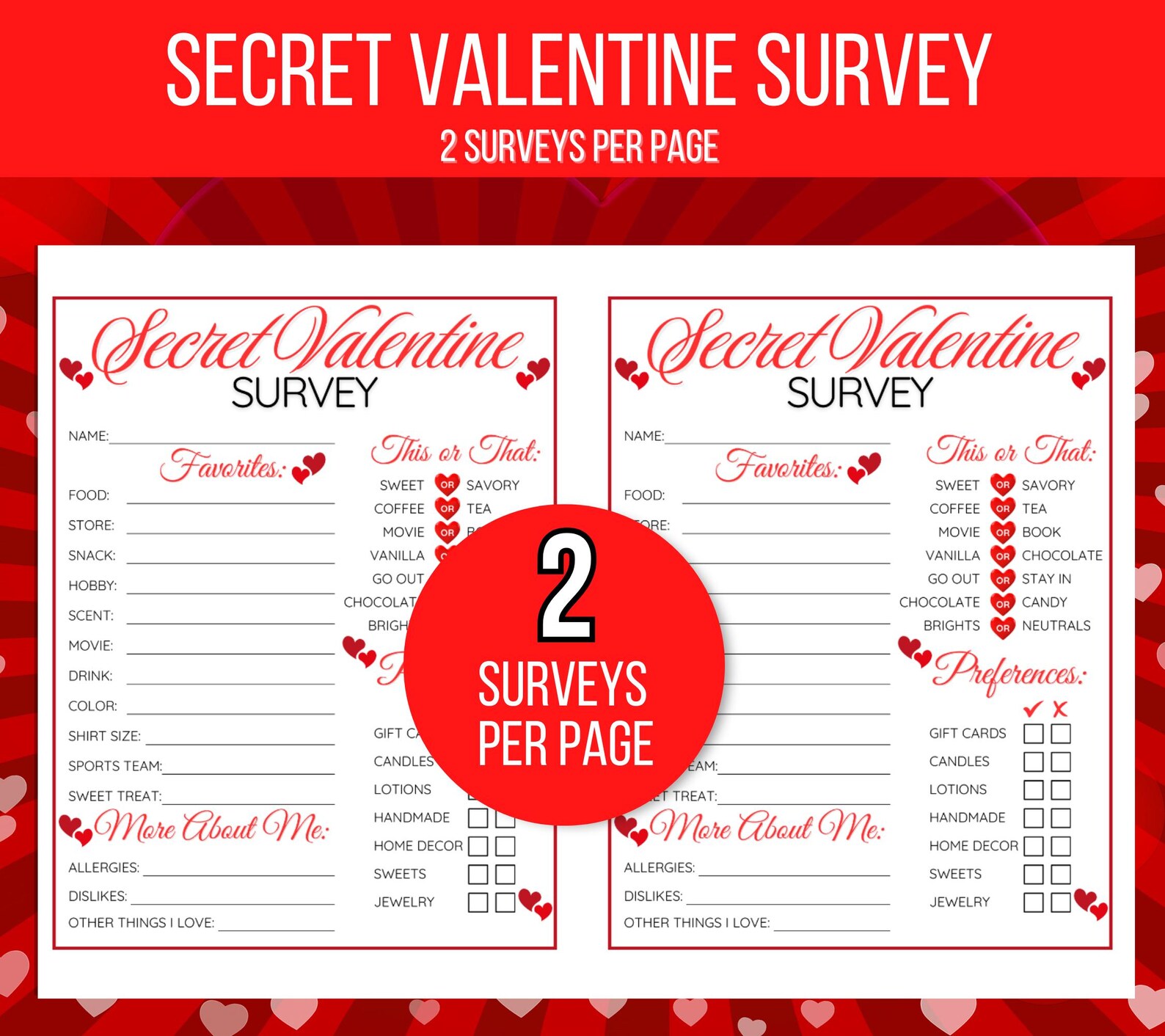 Secret Valentine Survey, Secret Valentine Gift Exchange, Printable ...