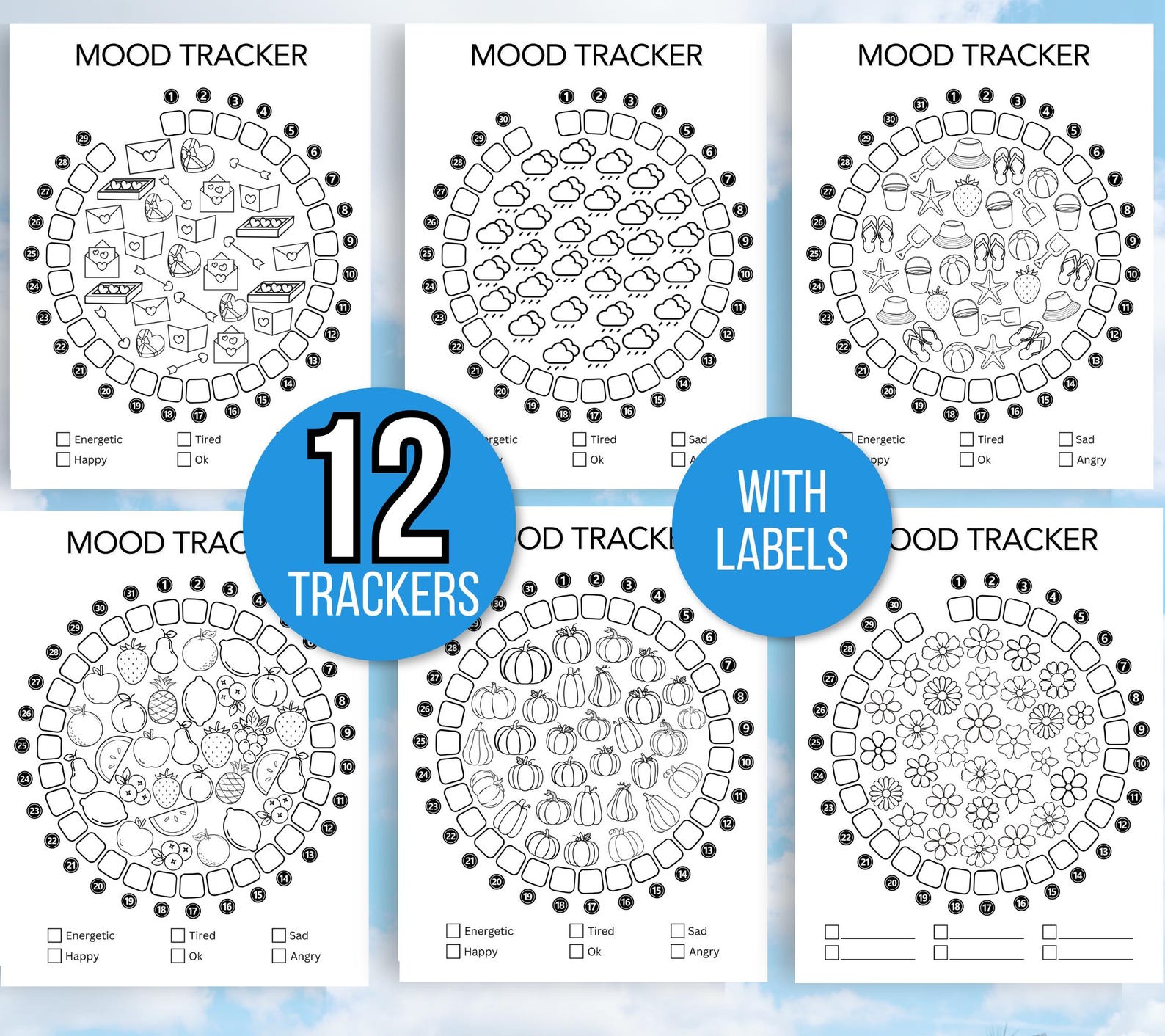 12 Monthly Mood Trackers, Mood Tracker Journal, Monthly Mood Trackers ...