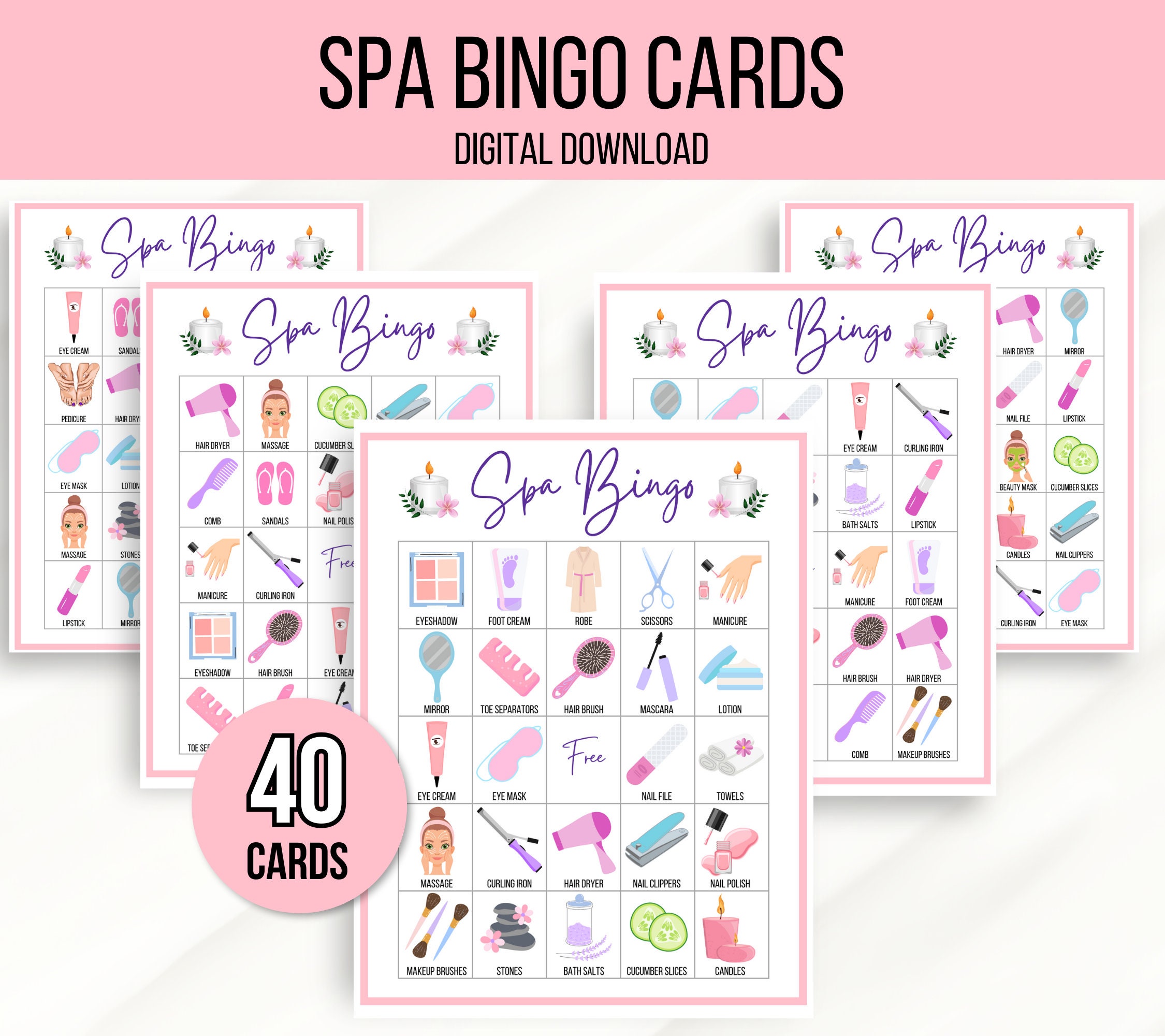 Spa Bingo, 40 Spa Bingo Cards, Spa Activity, Spa Party Game, Spa Game ...