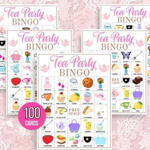 Tea Party Bingo, 100 Unique Printable Tea Party Bingo Cards, Tea Party ...