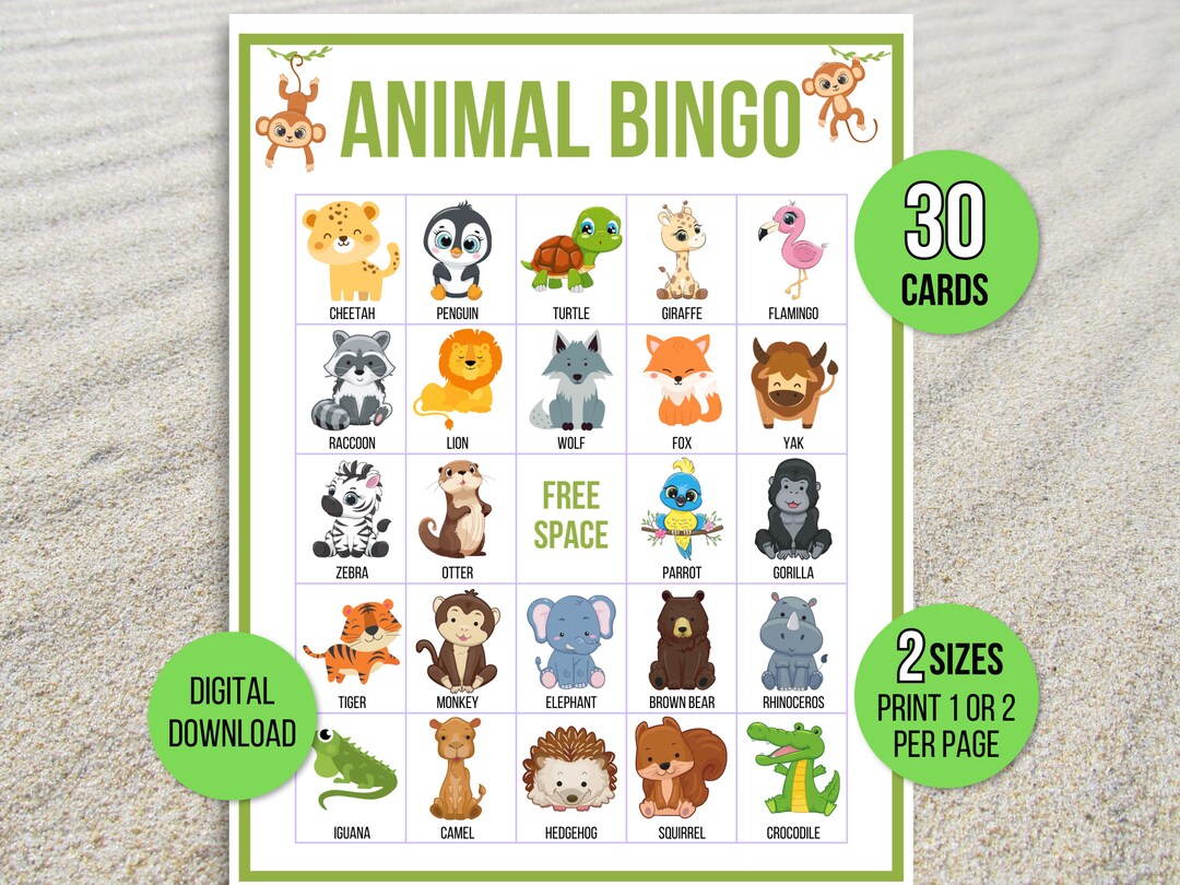 Animal Bingo, 30 Printable Animal Bingo Cards, Animal Party Game ...