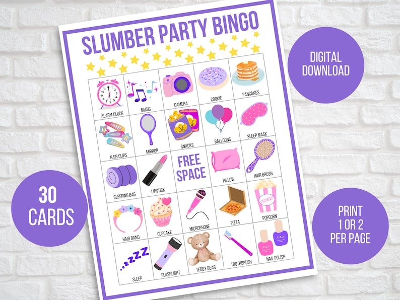 Slumber Party Bingo Pajama Party Bingo Sleepover Bingo 30 - Etsy