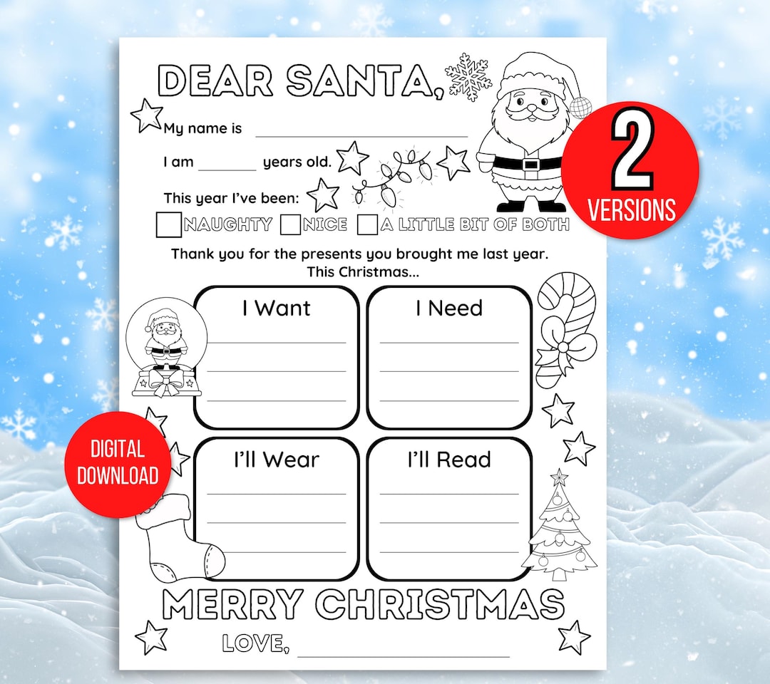 Letter to Santa Coloring Page, Dear Santa Letter, Christmas Wish List ...