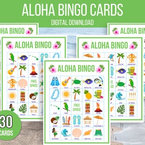 Aloha Bingo, Luau Bingo, Hawaiian Bingo, 30 Printable Luau Bingo Cards ...