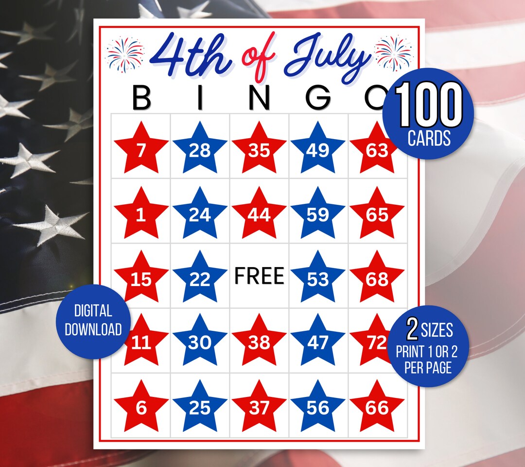 4th of July Bingo, 100 Fourth of July Bingo Cards, Fourth of July Bingo ...