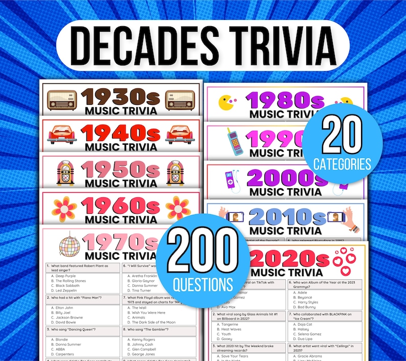 Decades Trivia, Decades Game Bundle, Decade Trivia Night Games, Decades ...