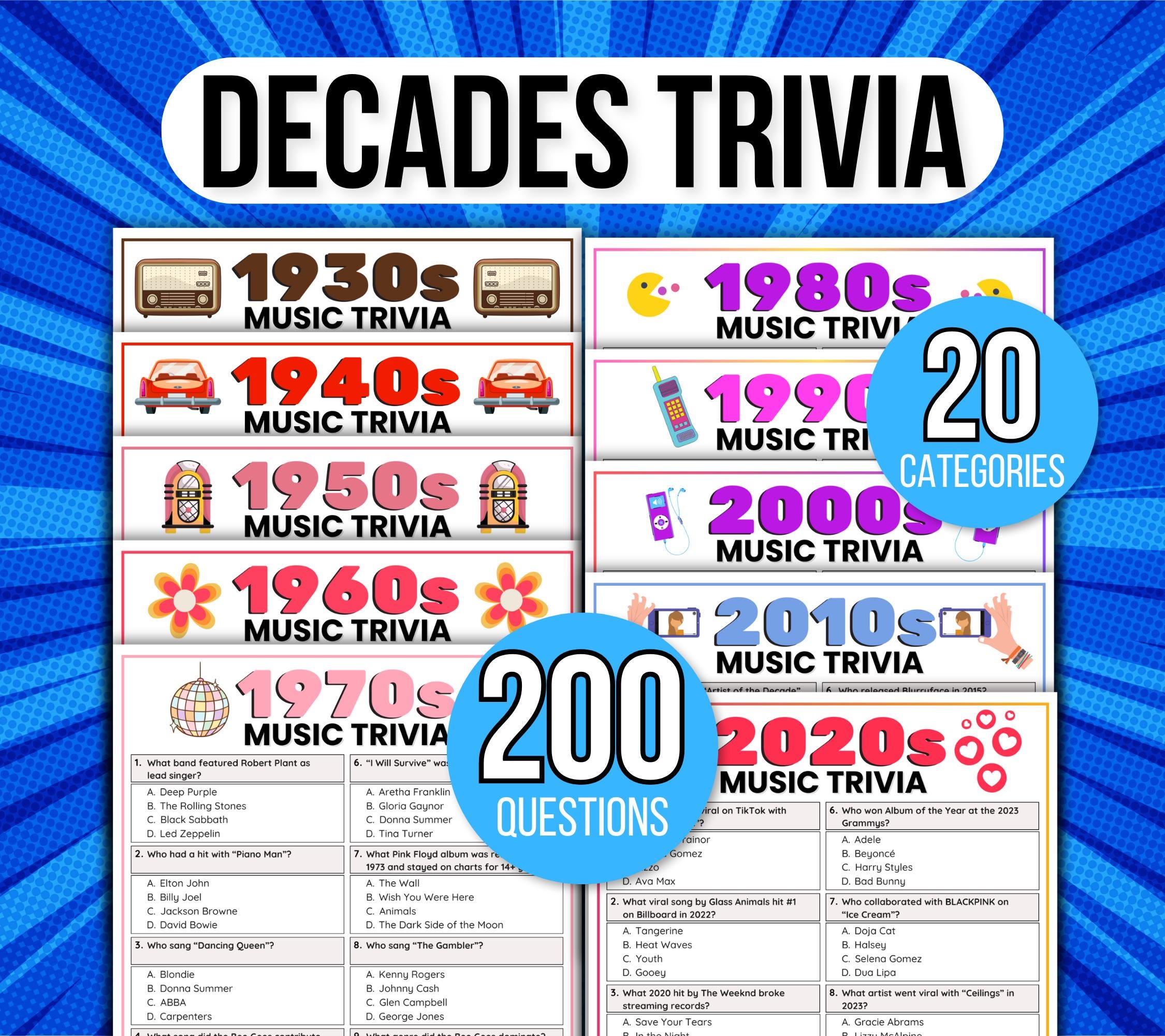 Decades Trivia, Decades Game Bundle, Decade Trivia Night Games, Decades ...