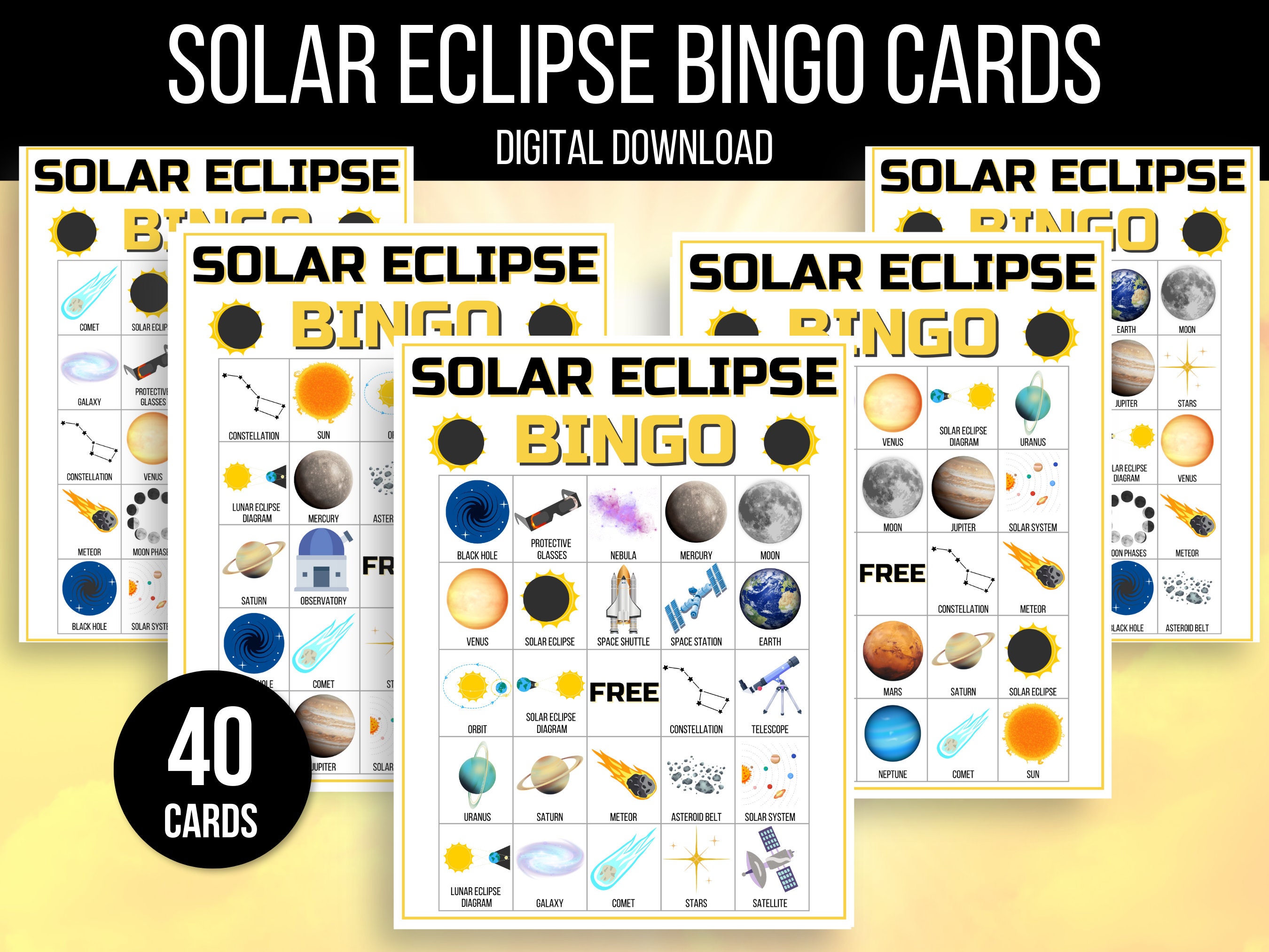 Solar Eclipse Bingo, 40 Printable Solar Eclipse Bingo Cards, Space ...