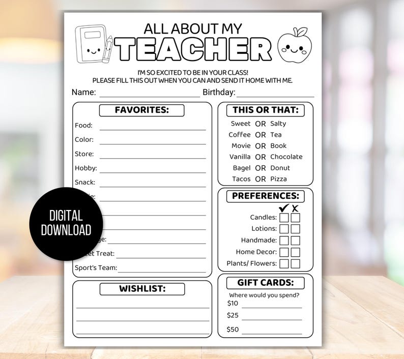 All About My Teacher, Teacher Favorite Things Printable, Get to Know ...