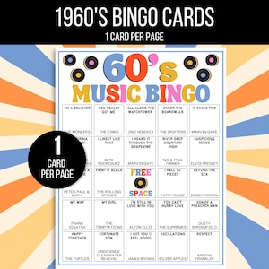 60s Bingo, 60s Song Bingo, 60s Music Bingo, 60s Retro Bingo, 50 ...