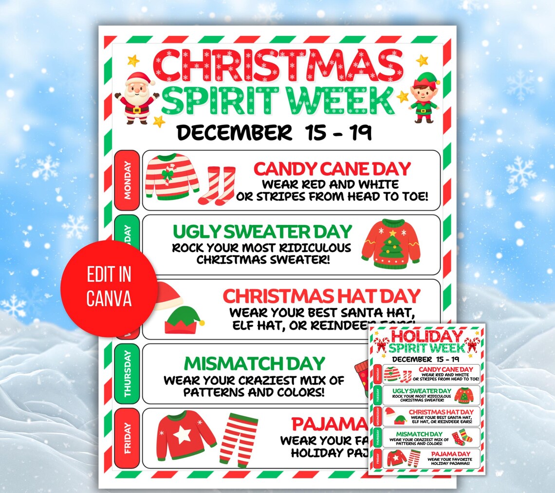 Customizable Christmas School Spirit Week Flyer, Customizable Holiday ...