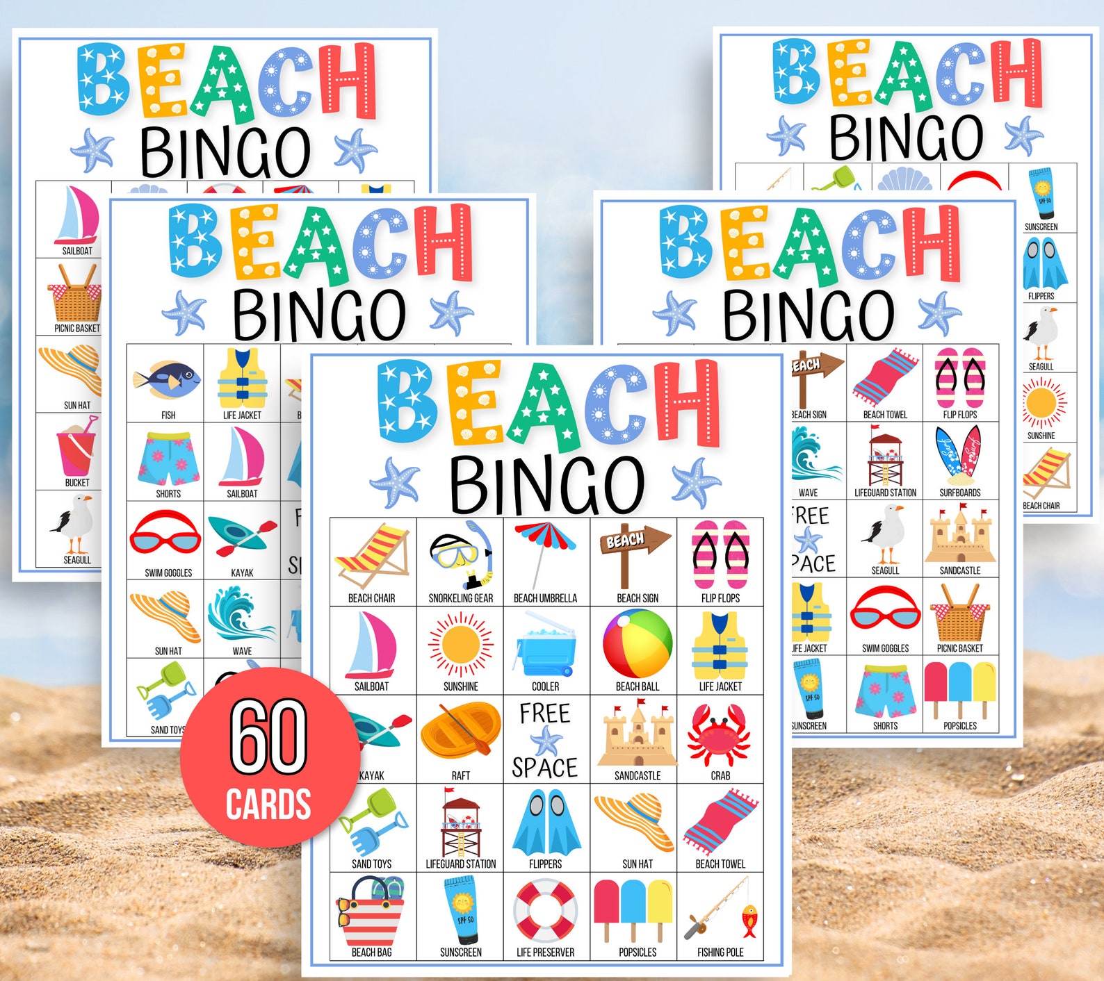 Beach Bingo, 60 Beach Bingo Cards, Summer Bingo, Fun in the Sun Bingo ...
