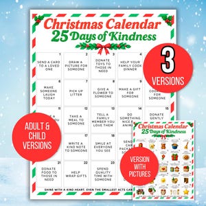 Christmas Acts of Kindness Calendar, Advent Calendar for Kid & Adult ...