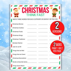 Think Fast Christmas Game, Fun Christmas Game, Printable Christmas Game ...