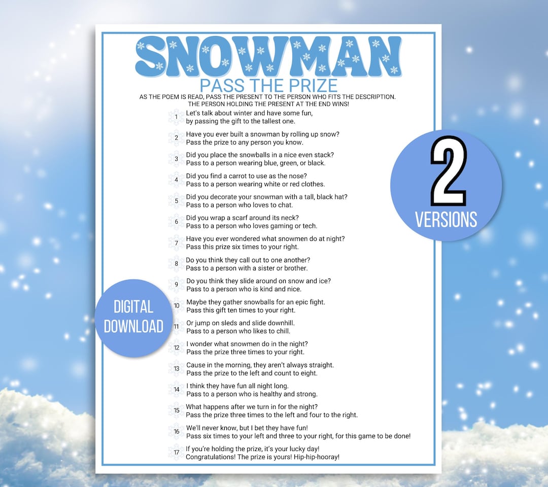 Snowman Pass the Prize Game, Winter Pass the Present Game, Christmas ...