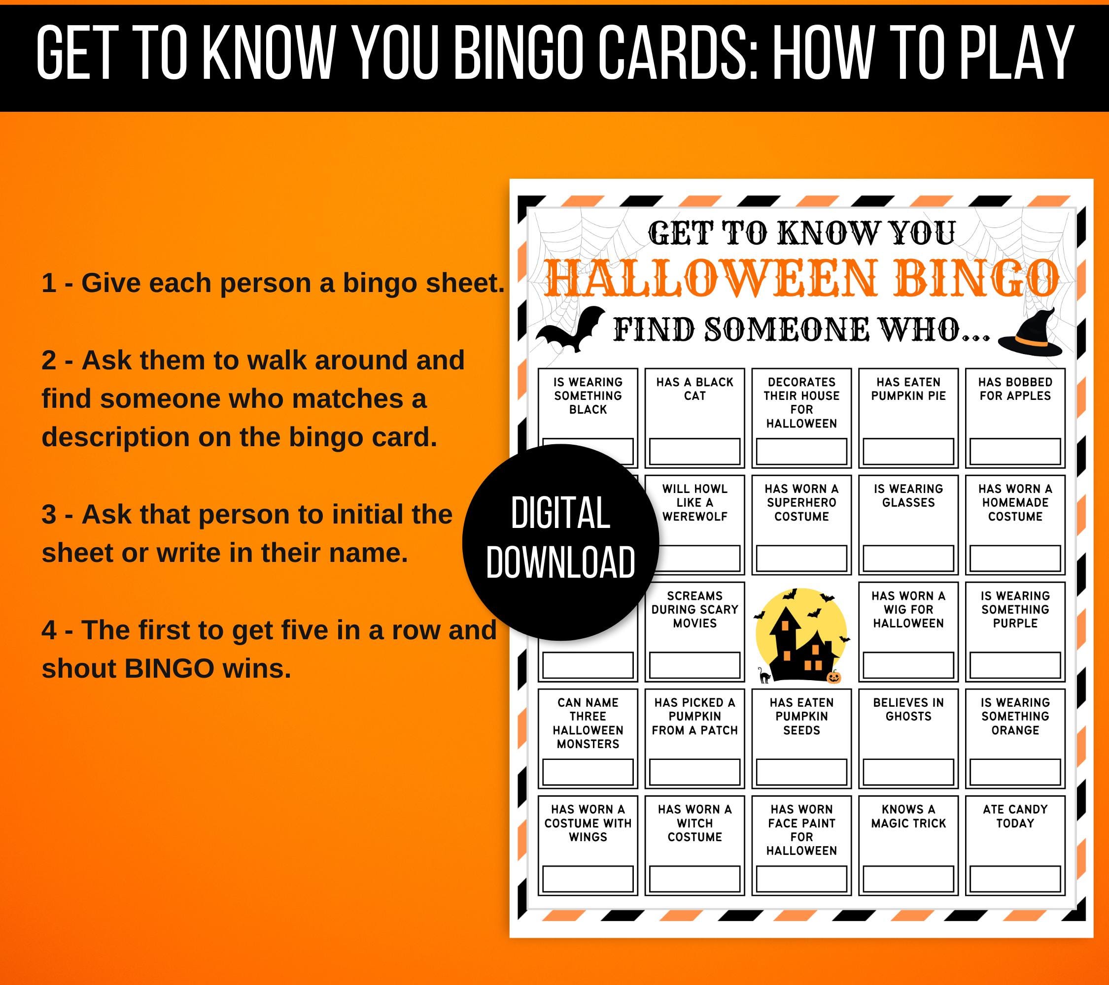 Halloween Get to Know You Bingo, Halloween Bingo, Halloween Games, Find ...