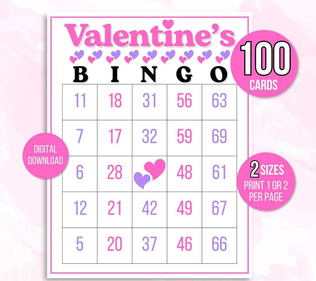 Valentine's Bingo, 100 Valentine's Day Bingo Cards, Valentine's Carte ...