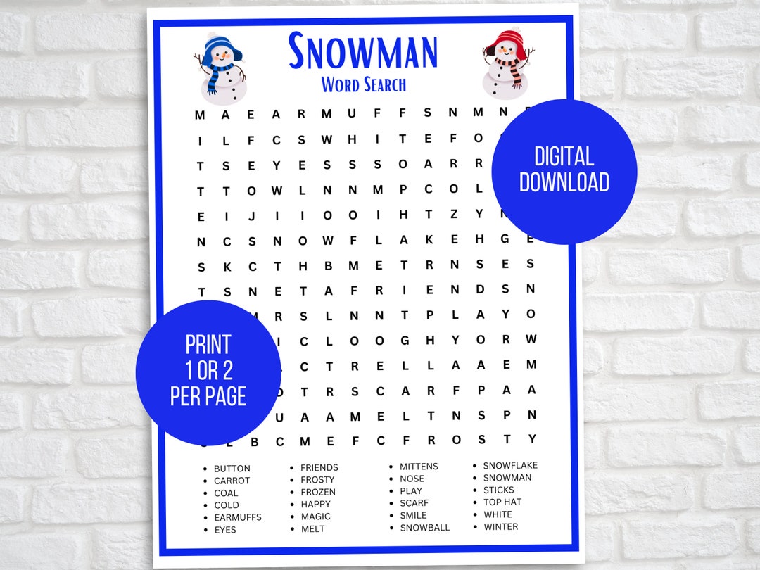 Snowman Word Search Fun Snowman Game Printable Snowman Game - Etsy