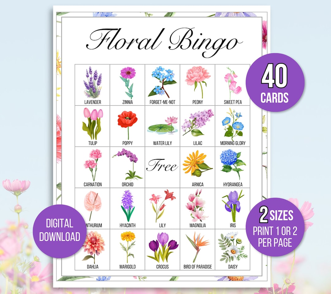 Flower Bingo, Spring Bingo, Garden Bingo, 40 Printable Flower Bingo ...