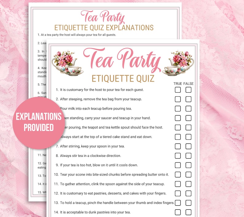 Tea Party Etiquette Game, Tea Party Quiz, Tea Etiquette Game, Tea Party ...