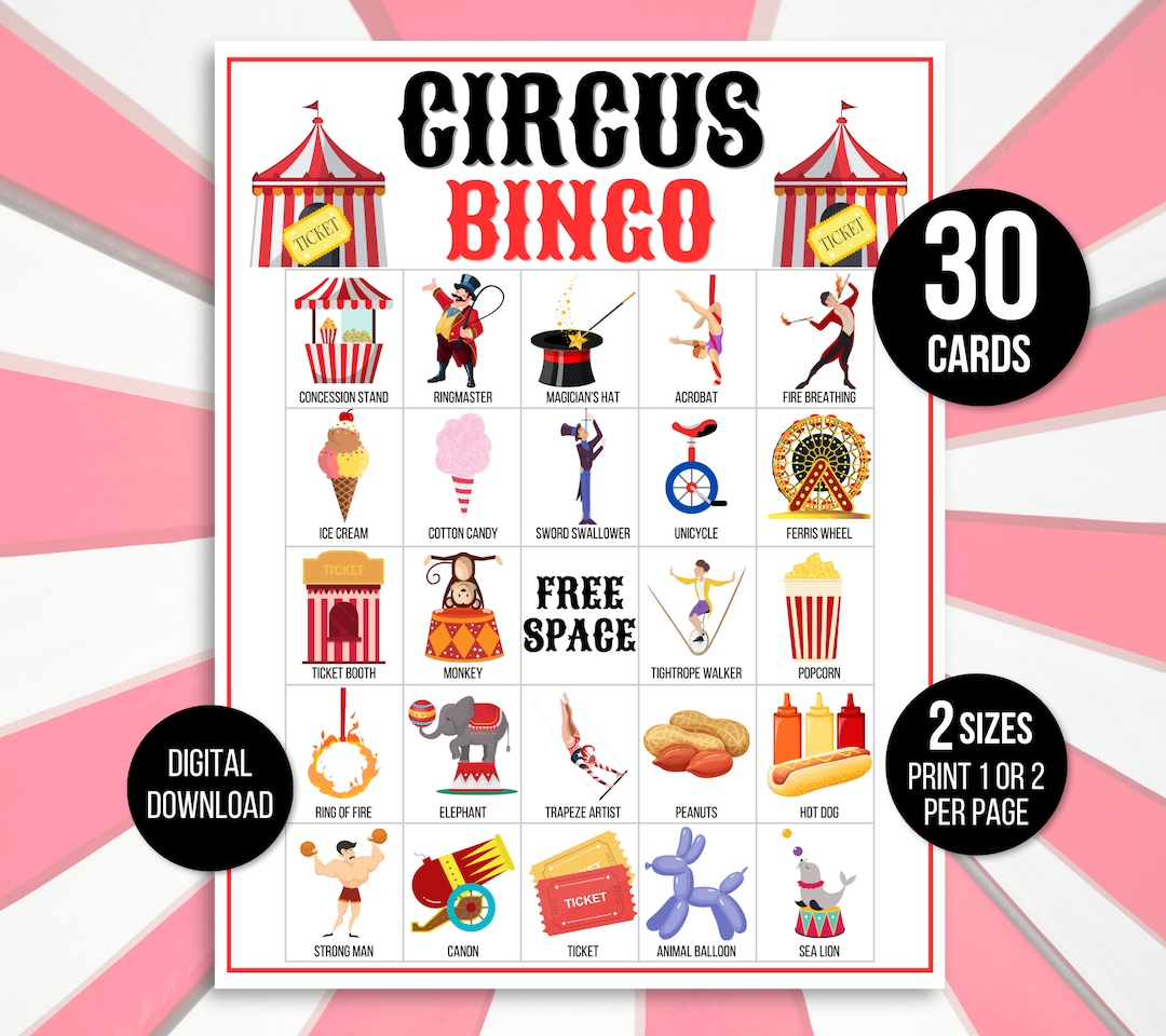 Circus Bingo, 30 Printable Circus Bingo Cards, Circus Party Game ...
