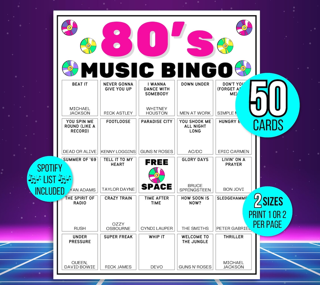 80s Bingo, 80s Song Bingo, 80s Music Bingo, 80s Retro Bingo, 50 ...