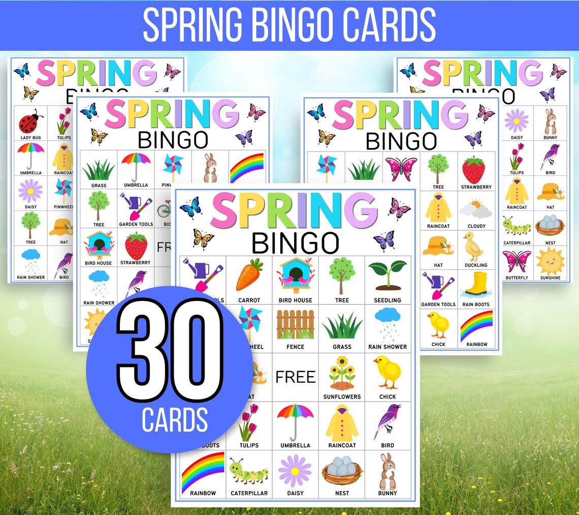 Spring Bingo, 30 Printable Spring Bingo Cards, Spring Party Game ...