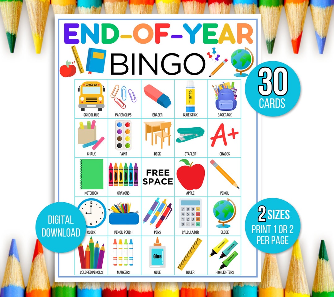 End of Year Bingo, 30 End of Year Bingo Cards, Last Day of School Bingo ...