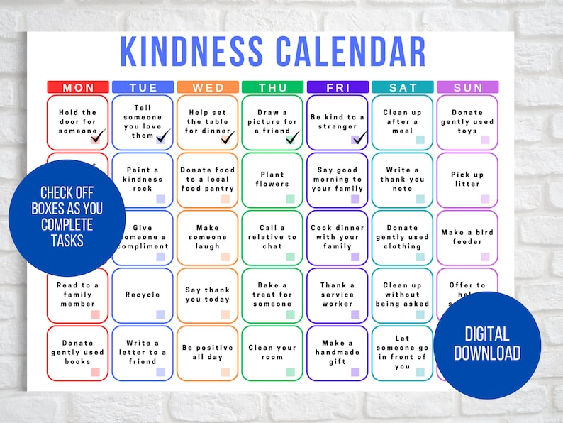 Kindness Calendar, Acts of Kindness Calendar, Kid's Kindness Challenge ...