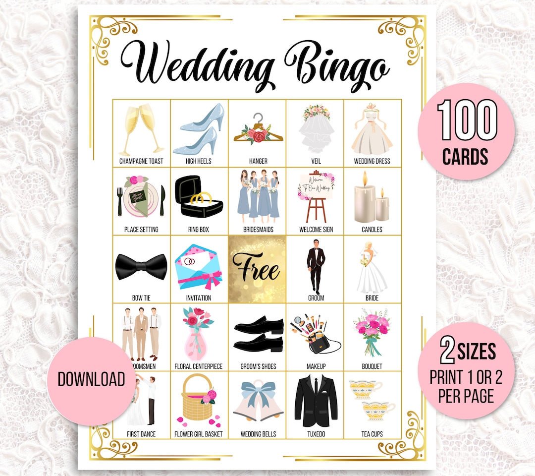 Wedding Bingo Cards, 100 Wedding Bingo Game Cards, Bridal Shower Bingo ...