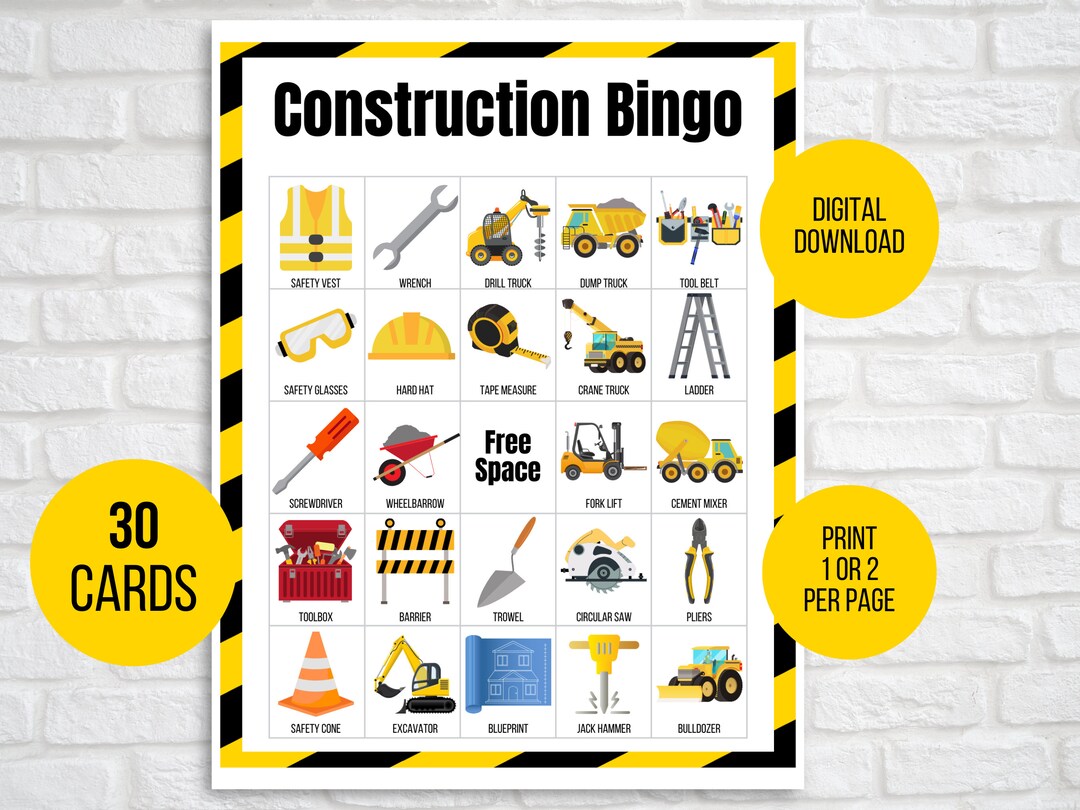 Construction Bingo, 30 Printable Construction Bingo Cards, Construction ...