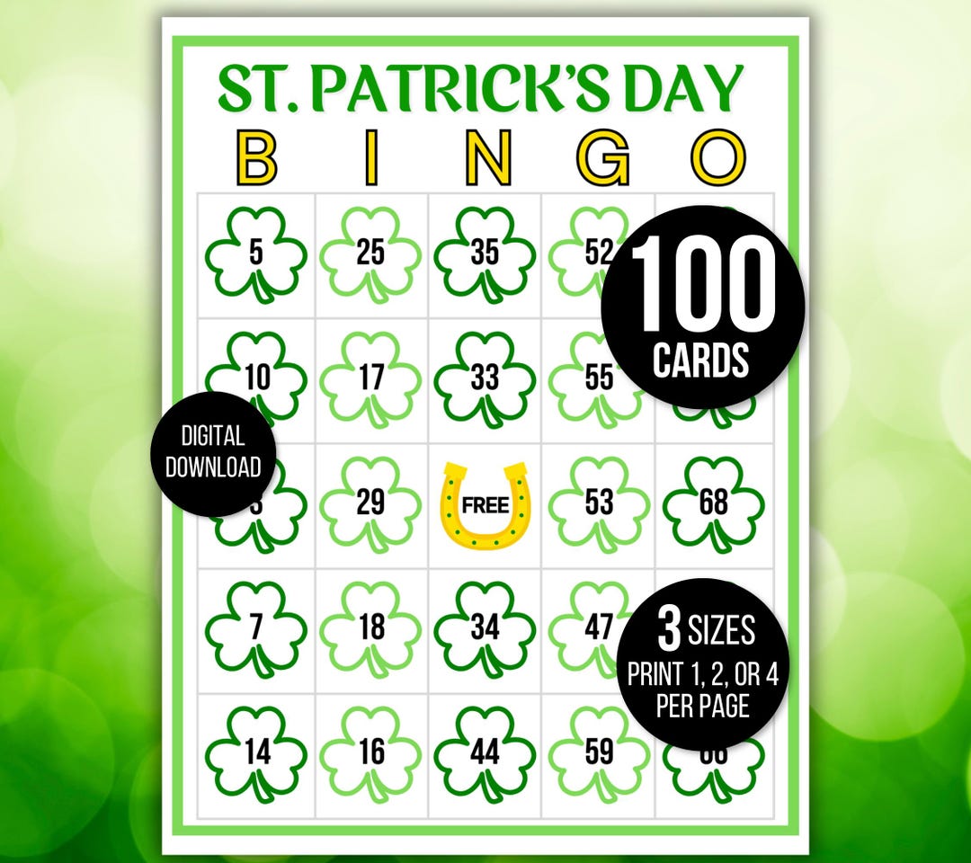 St. Patrick's Day Bingo, 100 St. Patrick's Day Bingo Cards, St. Patrick ...