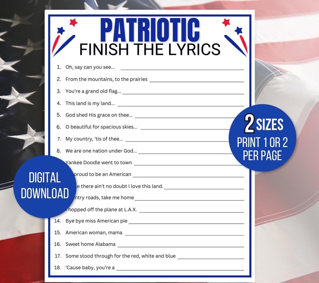 Patriotic Finish the Lyrics, 4th of July Party Game, Fun Patriotic Game ...
