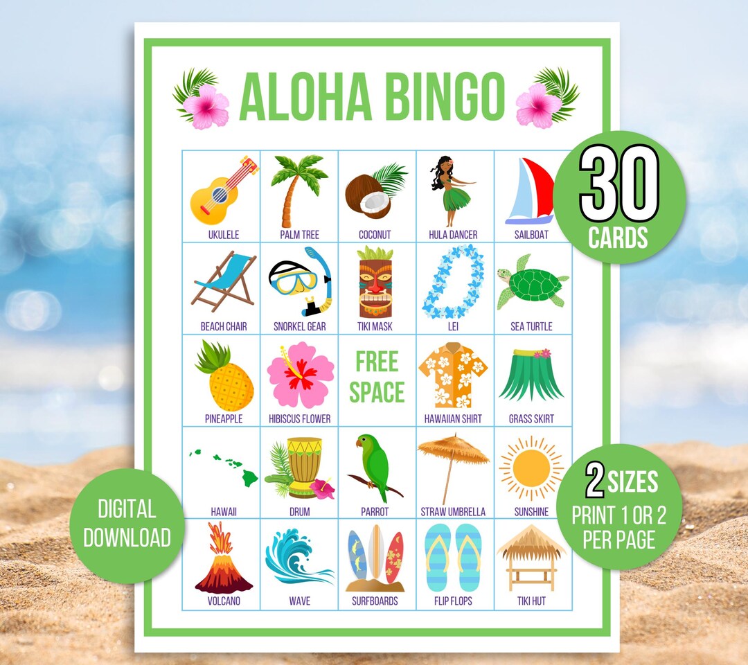Aloha Bingo, Luau Bingo, Hawaiian Bingo, 30 Printable Luau Bingo Cards ...