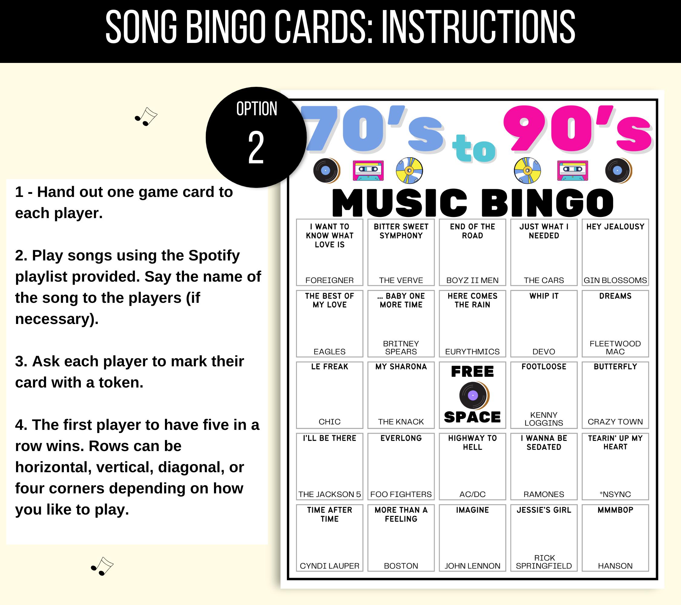 70s, 80s, 90s Music Bingo, Decades of Hits Bingo, 70s to 90s Bingo, 70s ...