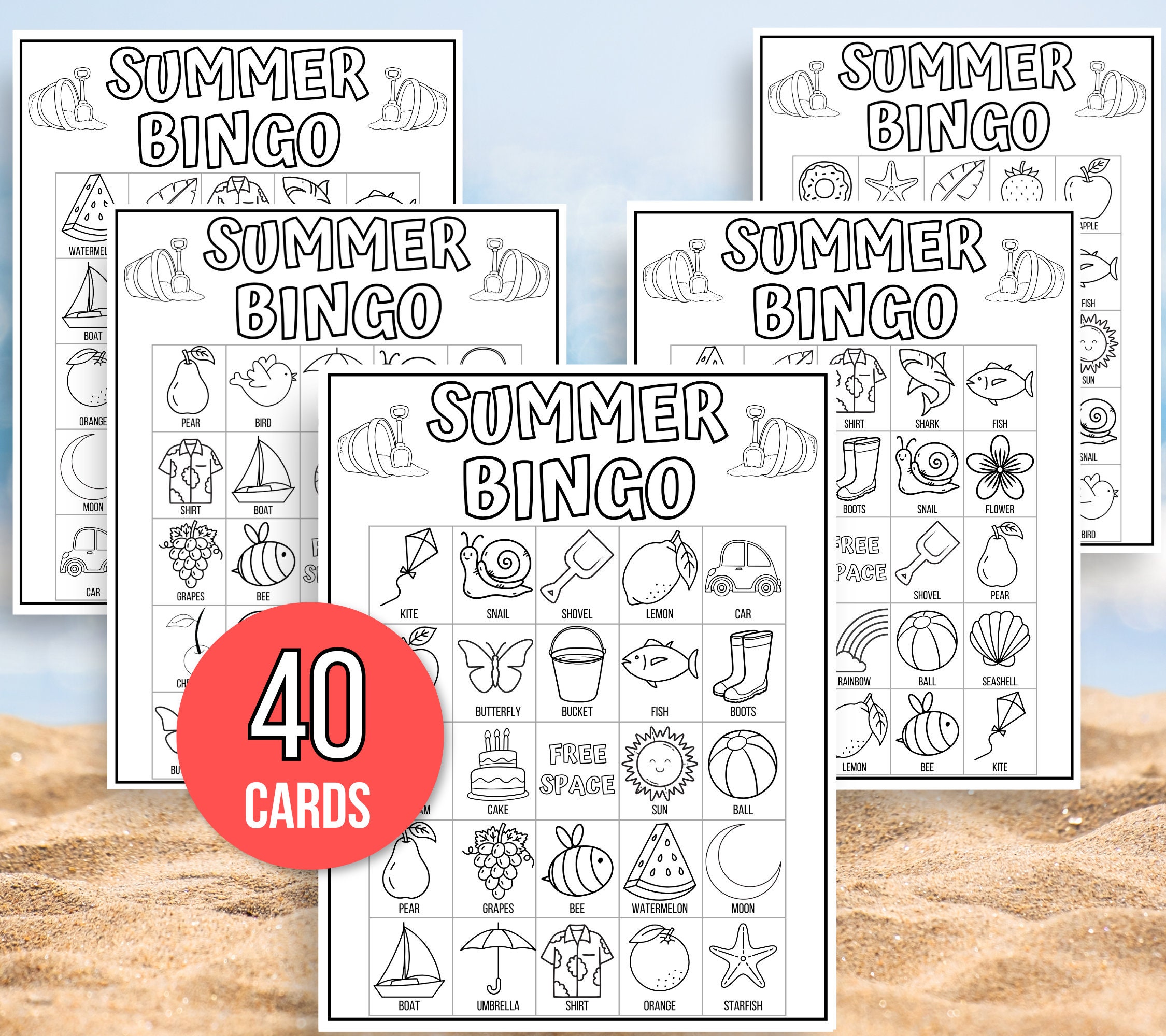 Summer Bingo, 40 Summer Bingo Cards, Coloring Bingo Game, Summer Game ...