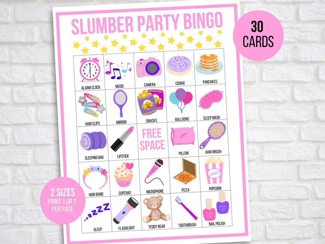 Slumber Party Bingo, Pajama Party Bingo, Sleepover Bingo, 30 Slumber ...