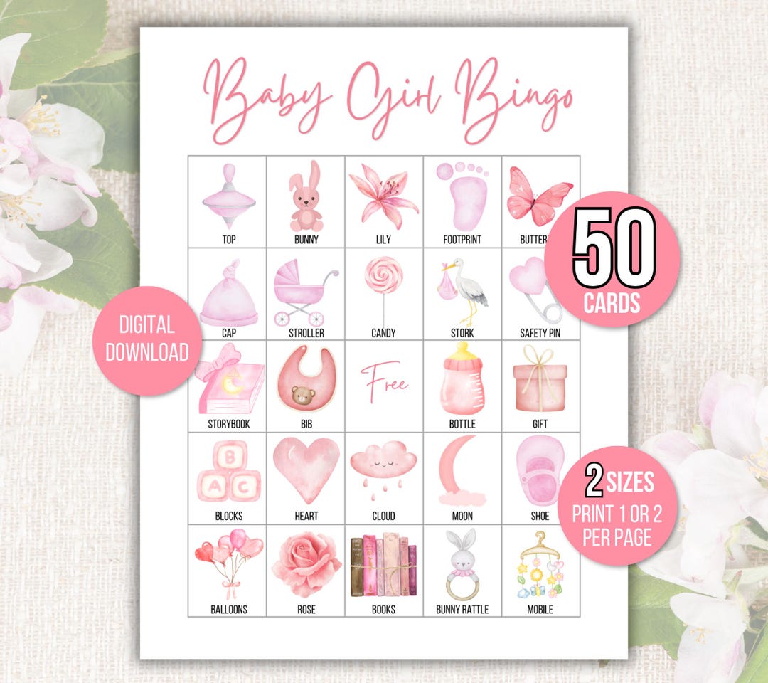 Baby Girl Bingo, 50 Baby Shower Bingo Cards, Baby Girl Shower Printable ...