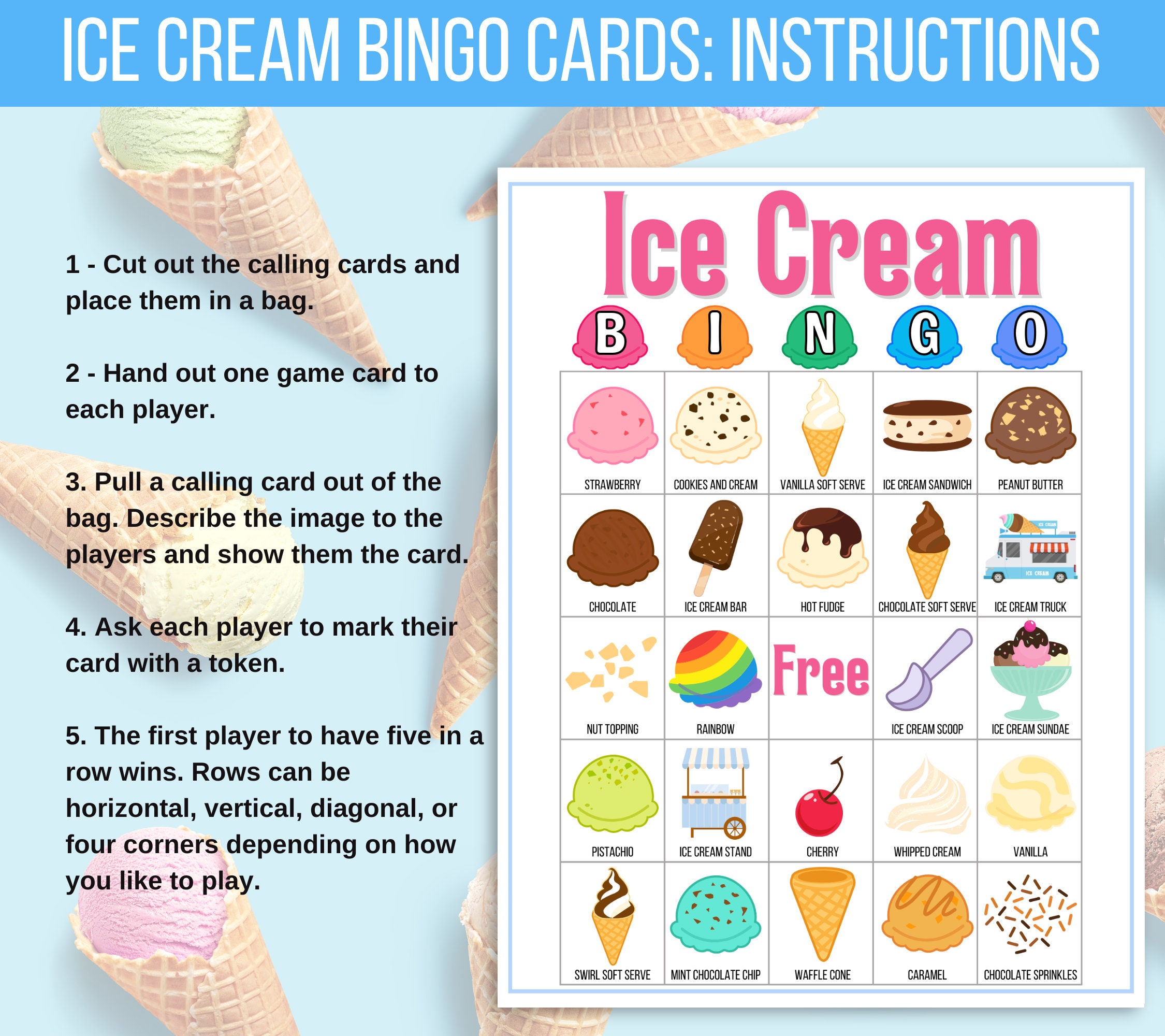 Ice Cream Bingo, 30 Printable Ice Cream Bingo Cards, Ice Cream Birthday ...