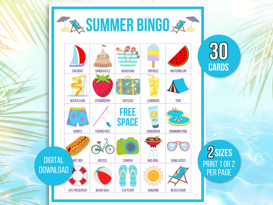 Summer Bingo, 30 Unique Printable Summer Bingo Cards, Summer Game ...