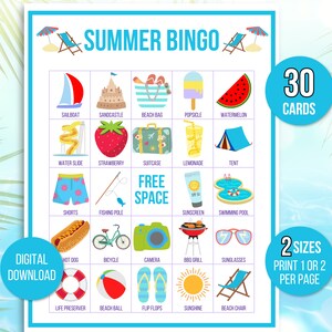 Summer Bingo, 30 Unique Printable Summer Bingo Cards, Summer Game ...