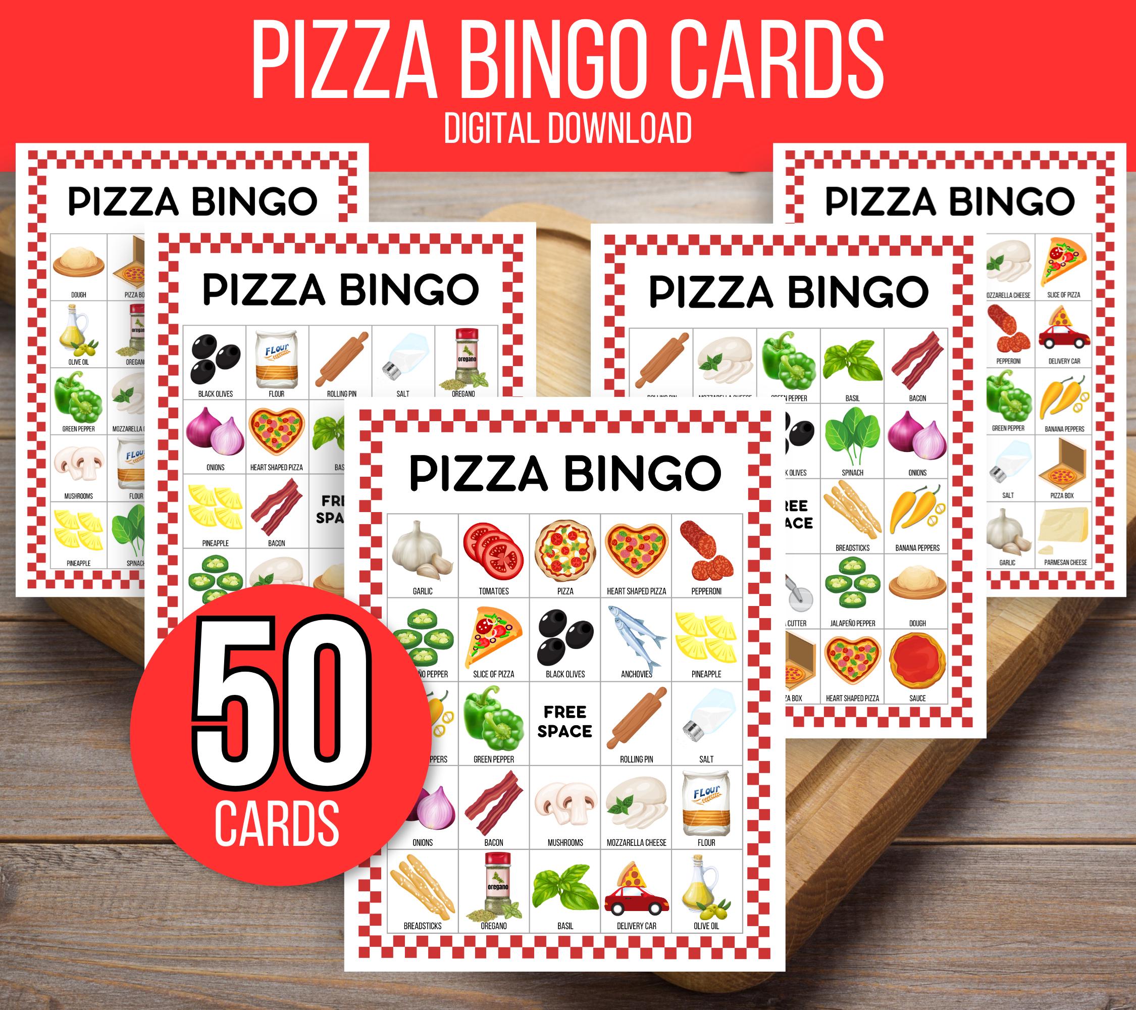 Pizza Bingo, Pizza Party Bingo, 50 Printable Pizza Bingo Cards, Pizza ...