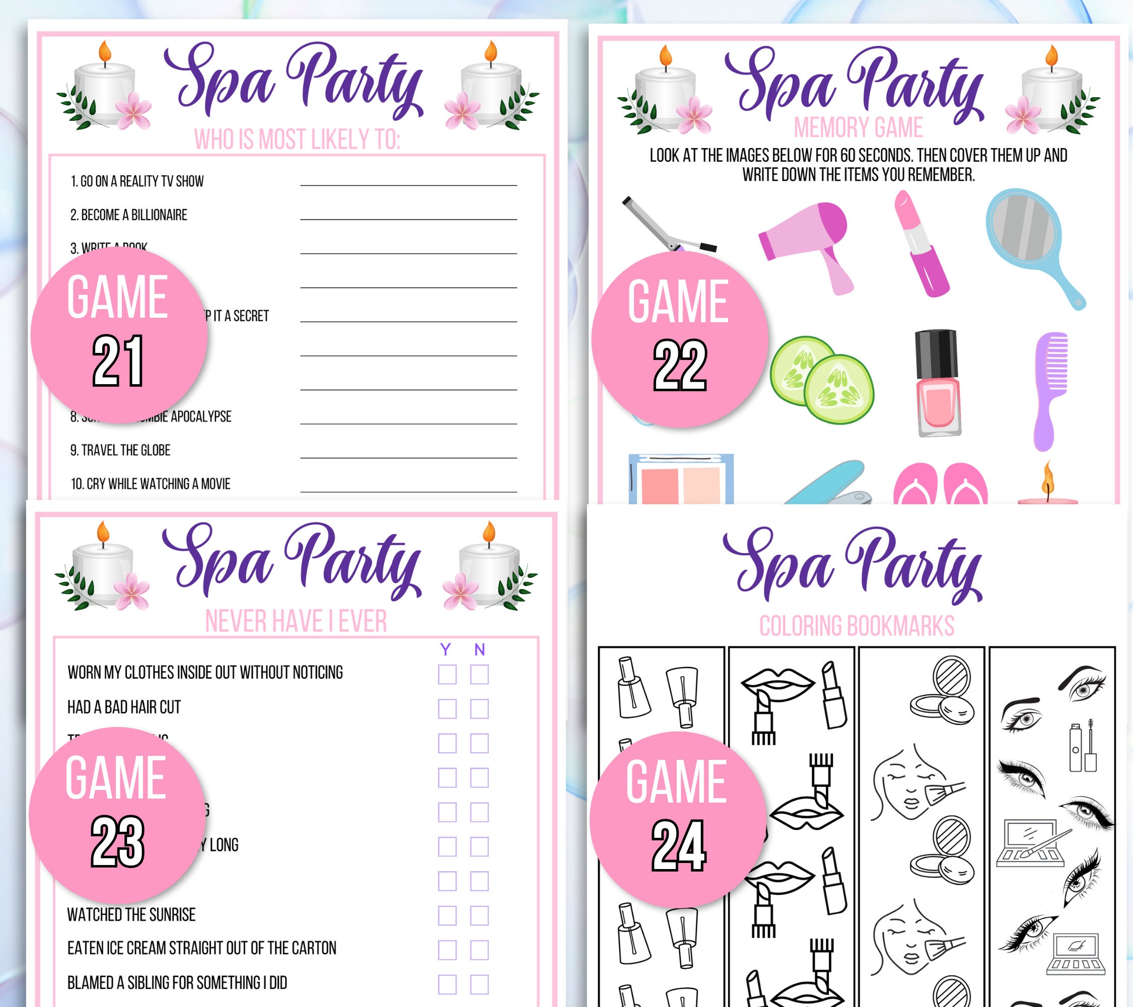 Spa Party Games Printable, Spa Party Activities, Girls Spa Party Games ...